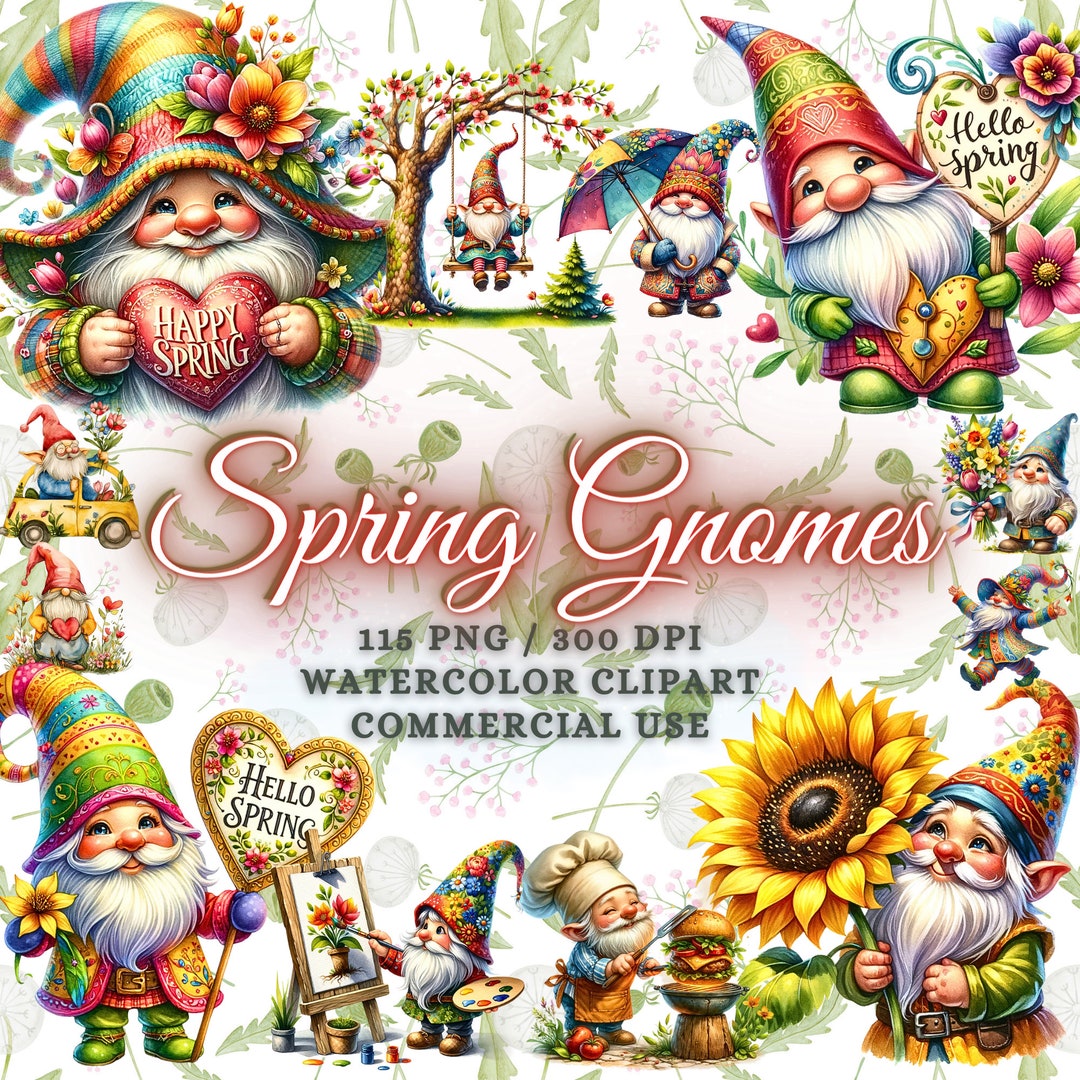 115 Watercolor Spring Garden Gnomes Clipart Bundle, Cute Gnomes Png ...