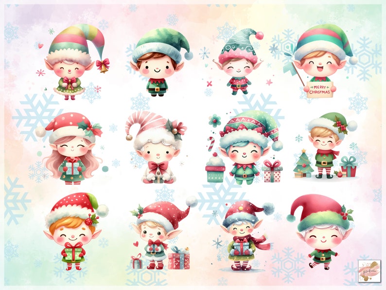 Christmas Elves Watercolor Clipart Cute Elf Clipart Bundle - Etsy