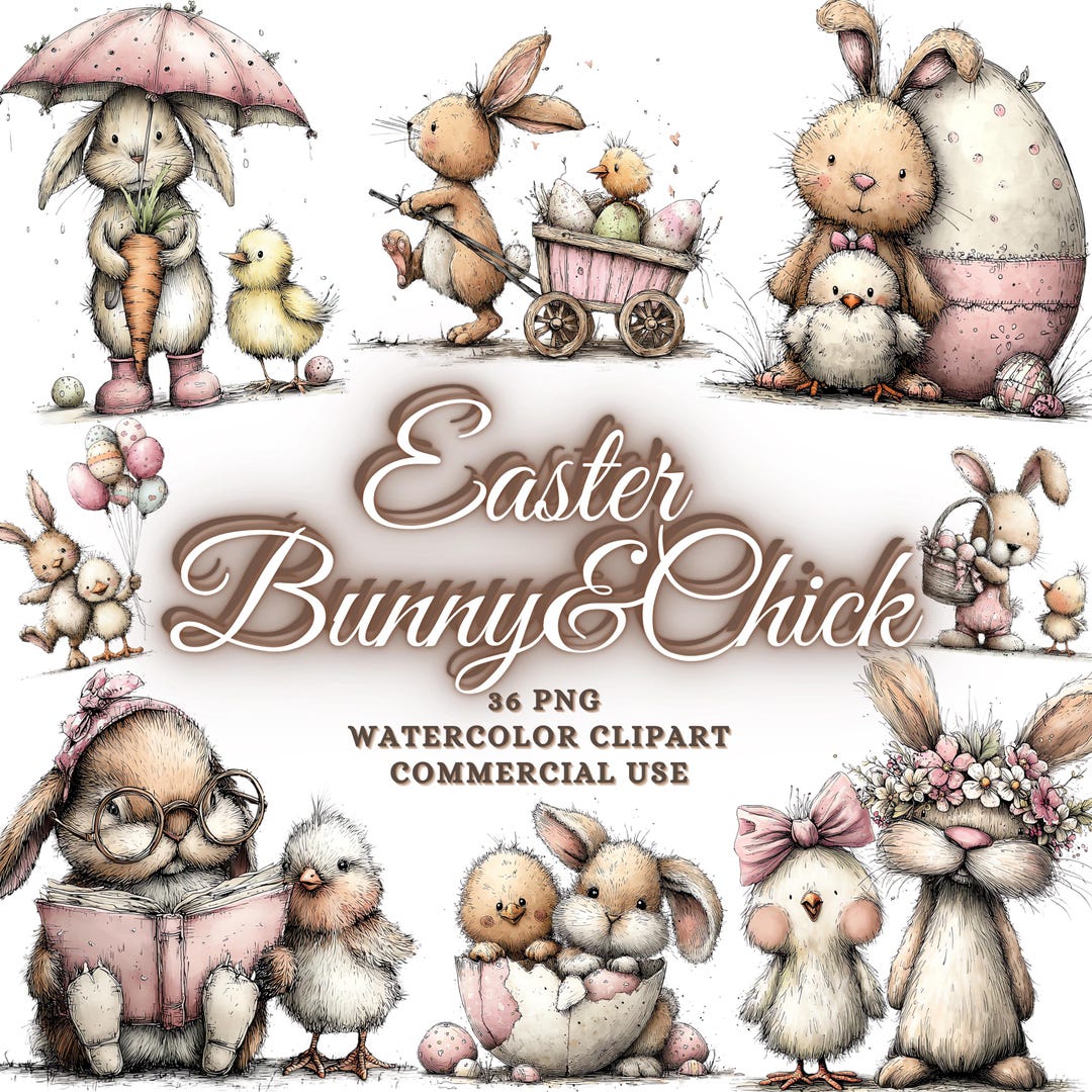 36 Whimsical Easter Bunny and Chick Clipart Bundle, Quirky Easter Png ...