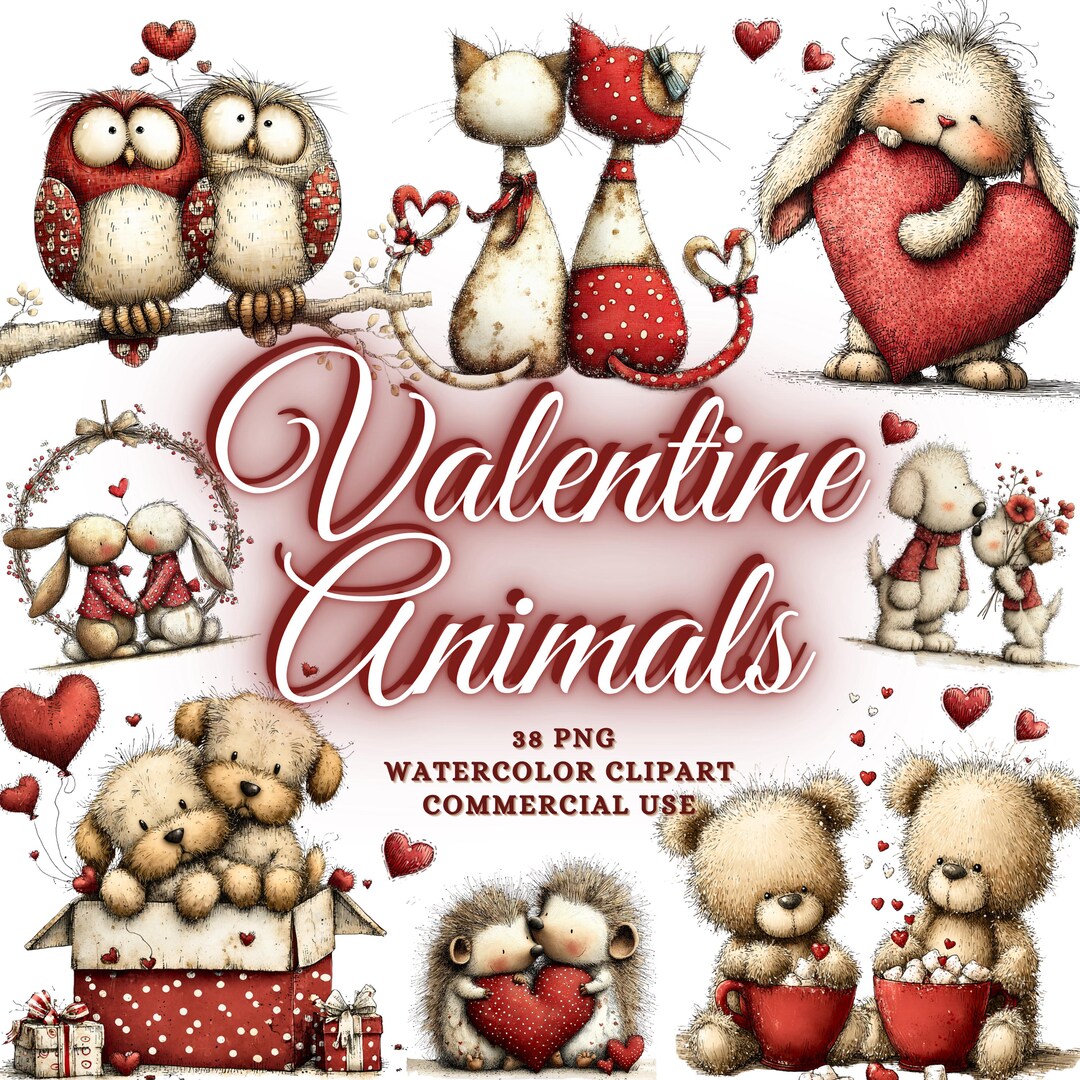 38 Whimsical Valentine Animals Clipart Bundle, Quirky Valentines ...