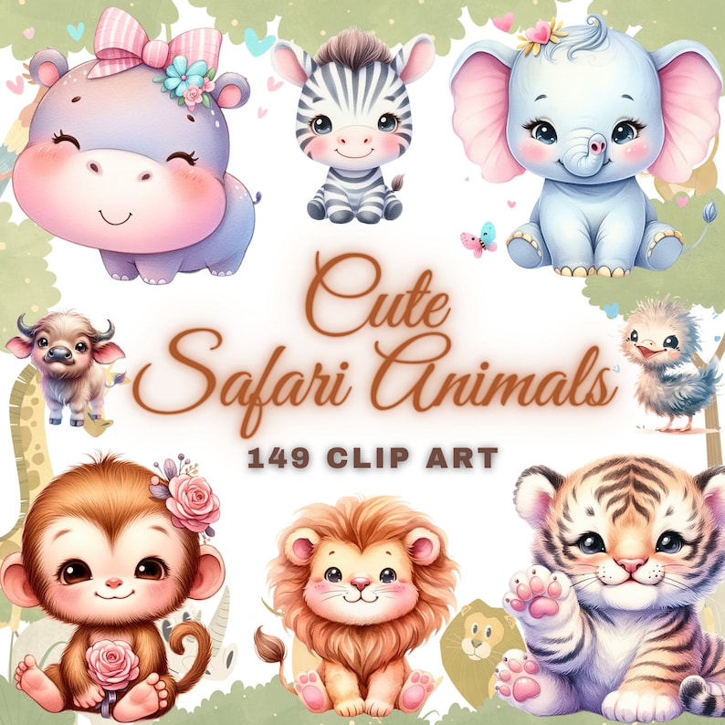 Watercolor Safari Animals PNG Bundle 149 Whimsical Baby Animal Clipart ...