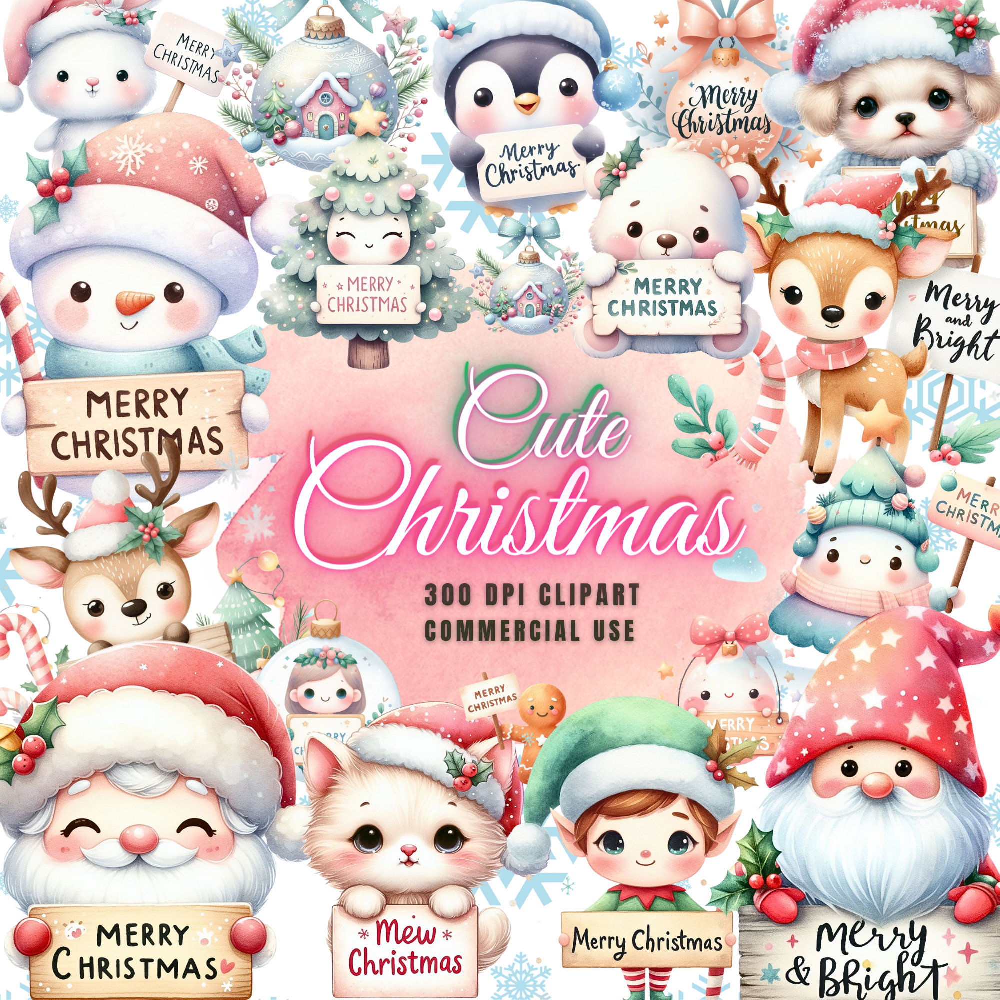 Cute Merry Christmas Clipart Bundle, Watercolor Cute Christmas Clip Art ...