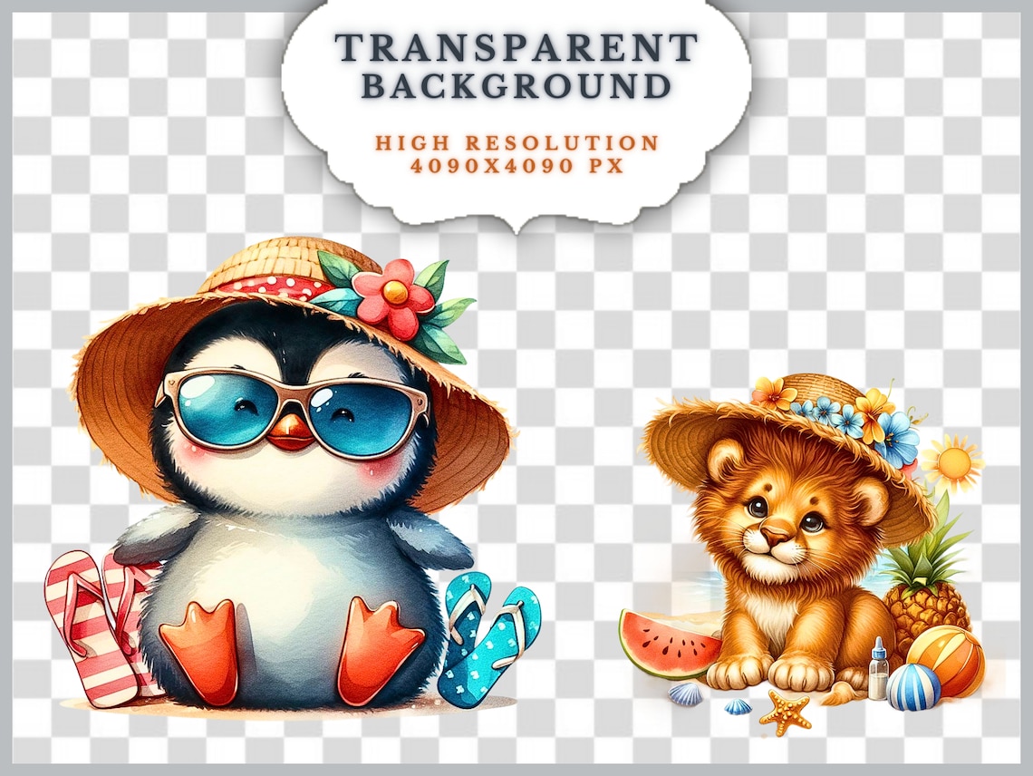 Watercolor Summer Beach Cute Animals Clipart Bundle, Summer Clipart ...