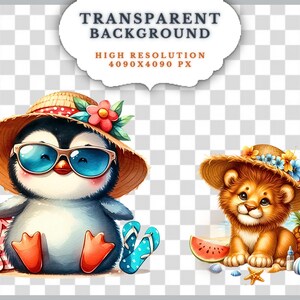 Watercolor Summer Beach Cute Animals Clipart Bundle, Summer Clipart ...