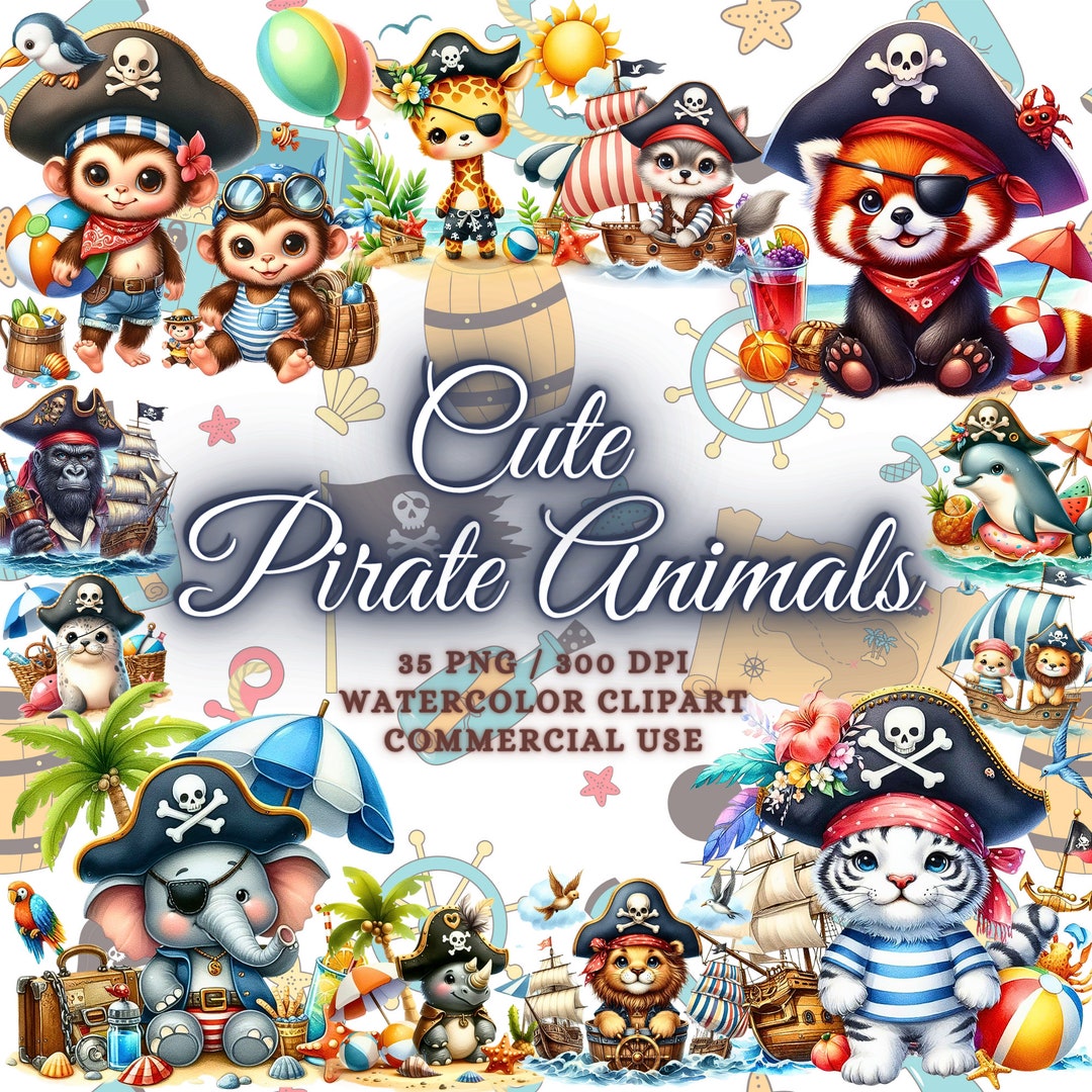 Watercolor Pirate Animals Clipart Bundle, Baby Animals Clipart Bundle ...