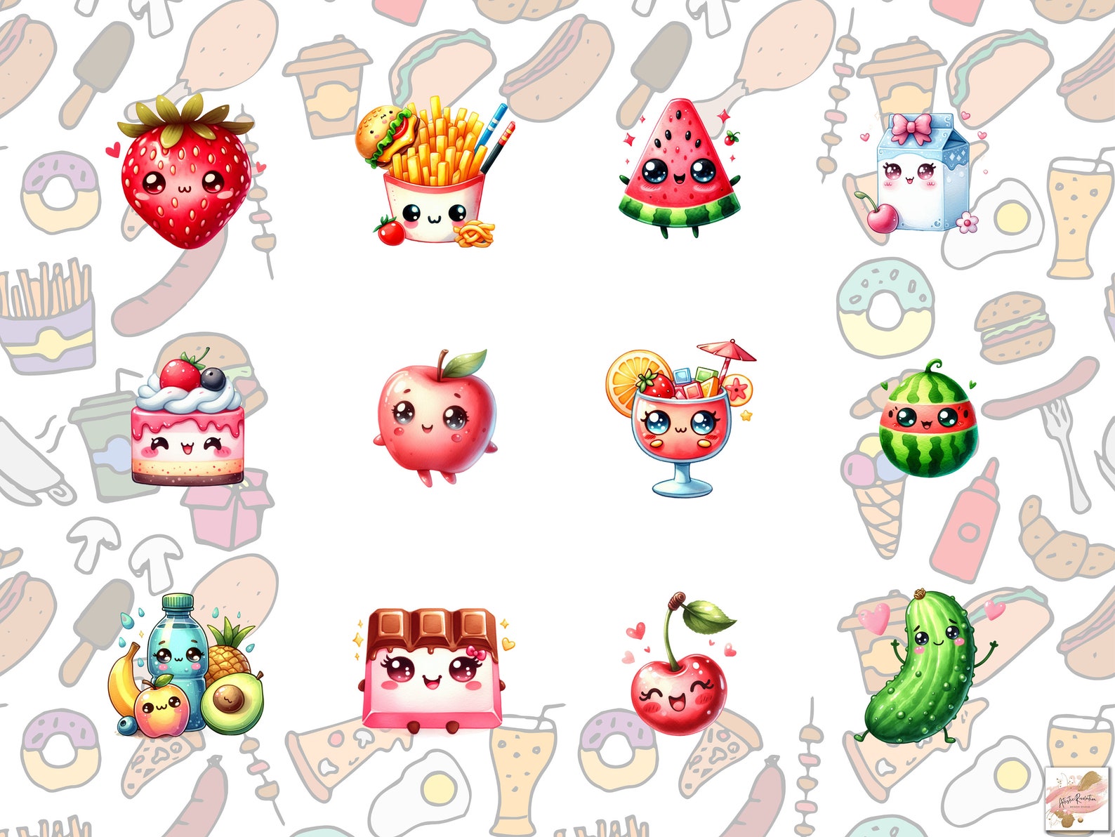 120 Cute Kawaii Food Clipart Bundle, Watercolor Food Clipart, Food Png ...