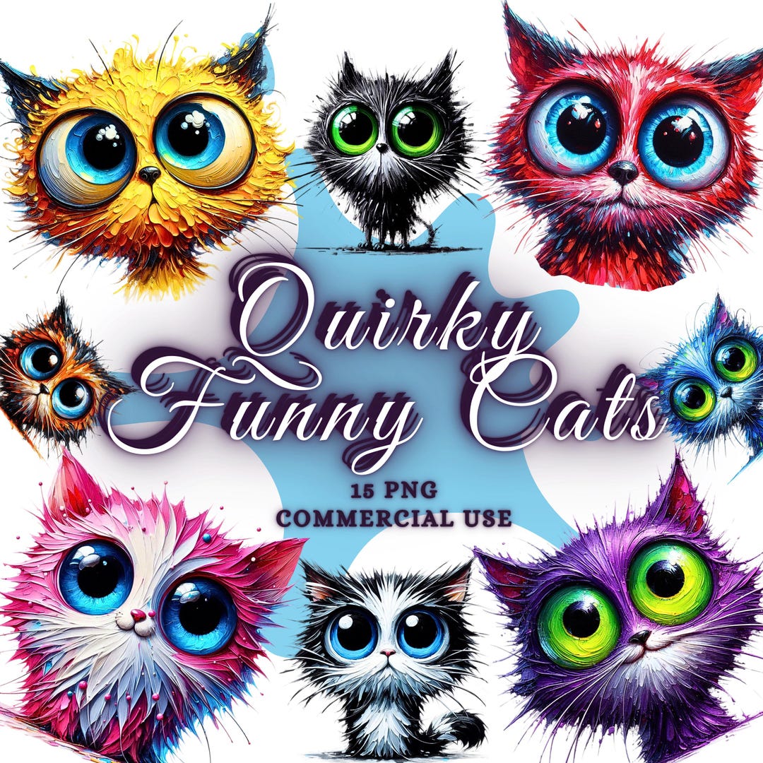 Quirky Cat Clipart PNG Whimsical Kitten Sublimation Clip Art Cute ...