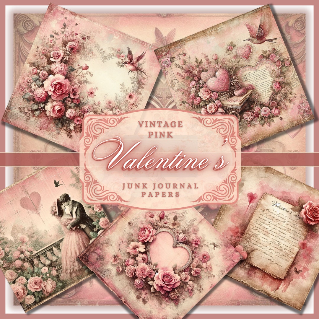 Pink Valentines Junk Journal Kit Rose Valentines Day Papers Romantic