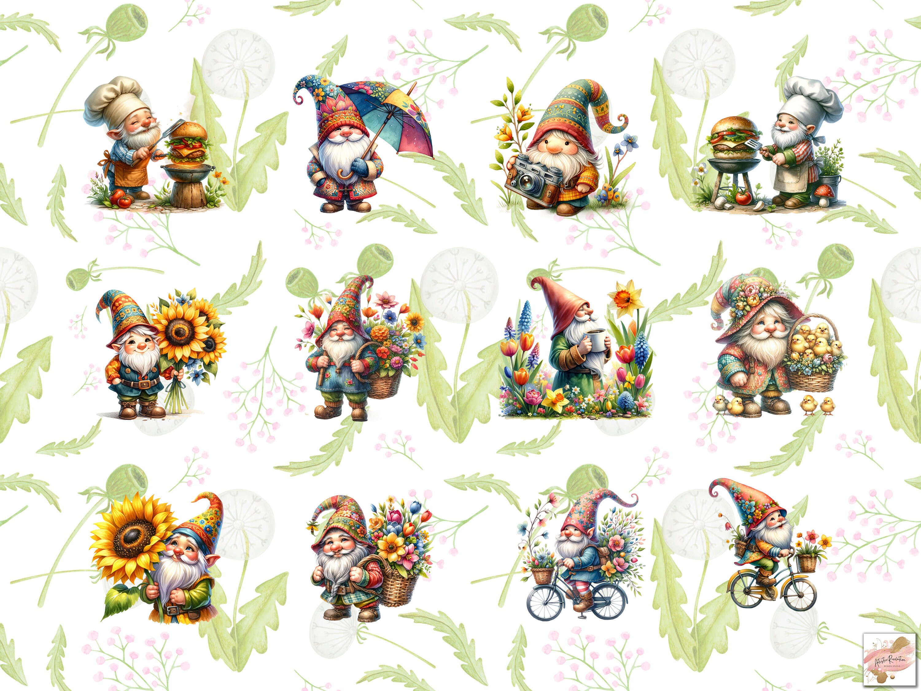115 Watercolor Spring Garden Gnomes Clipart Bundle, Cute Gnomes Png ...