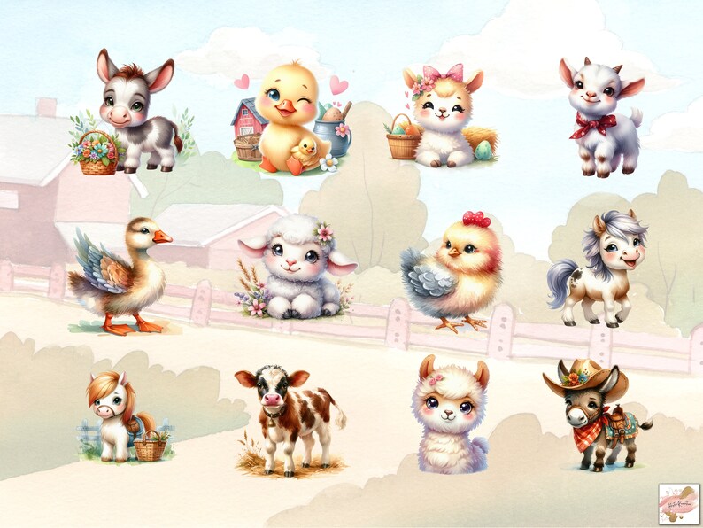 70 Watercolor Cute Baby Farm Animals Clipart Bundle, Cute Baby Farm ...