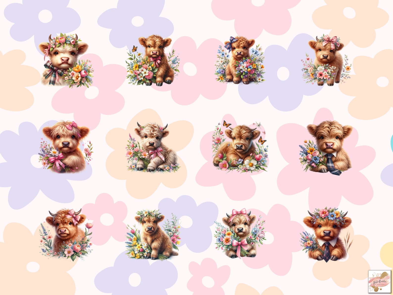 Watercolor Spring Highland Cows Clipart Bundle, Spring Flowers Clipart ...