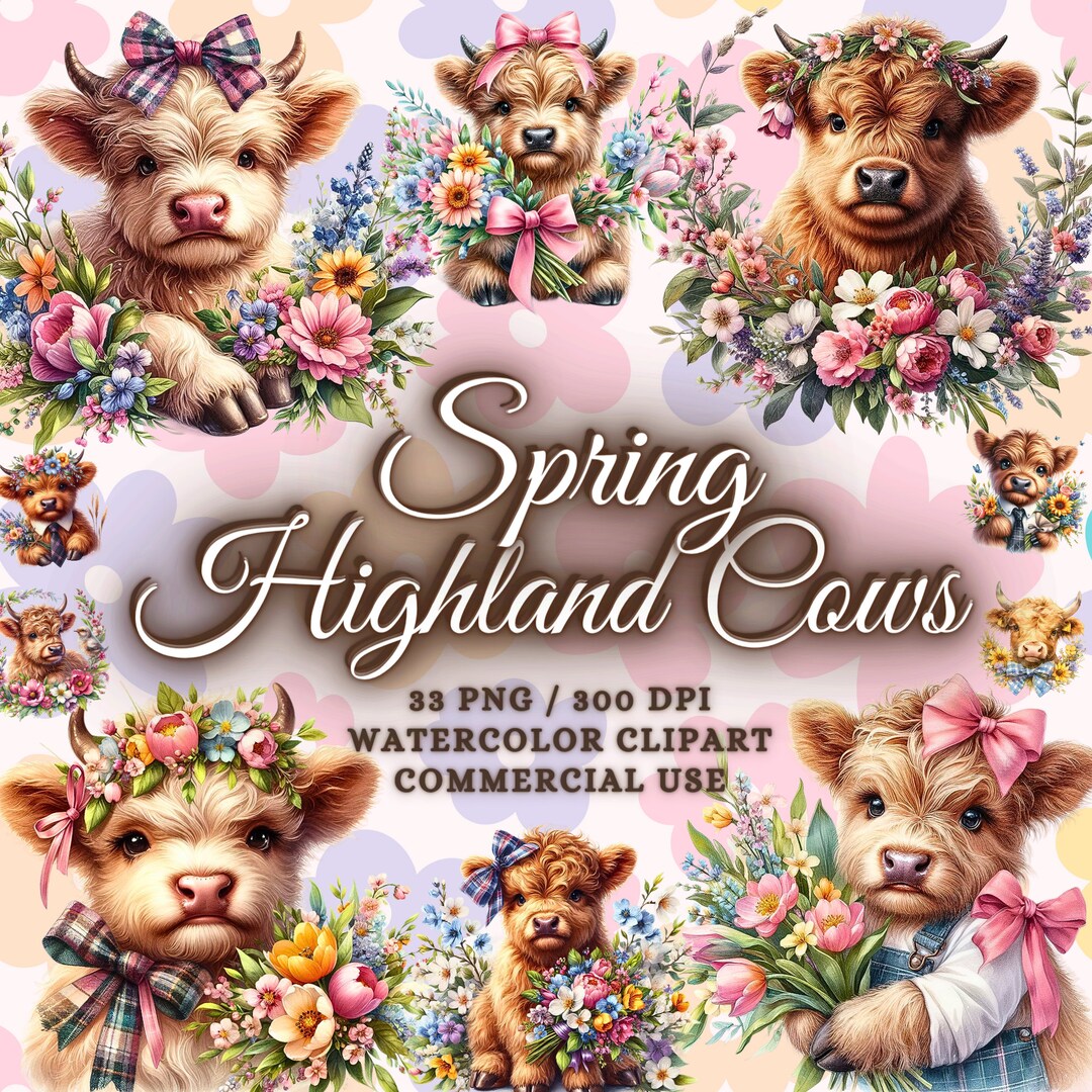 Watercolor Spring Highland Cows Clipart Bundle, Spring Flowers Clipart ...