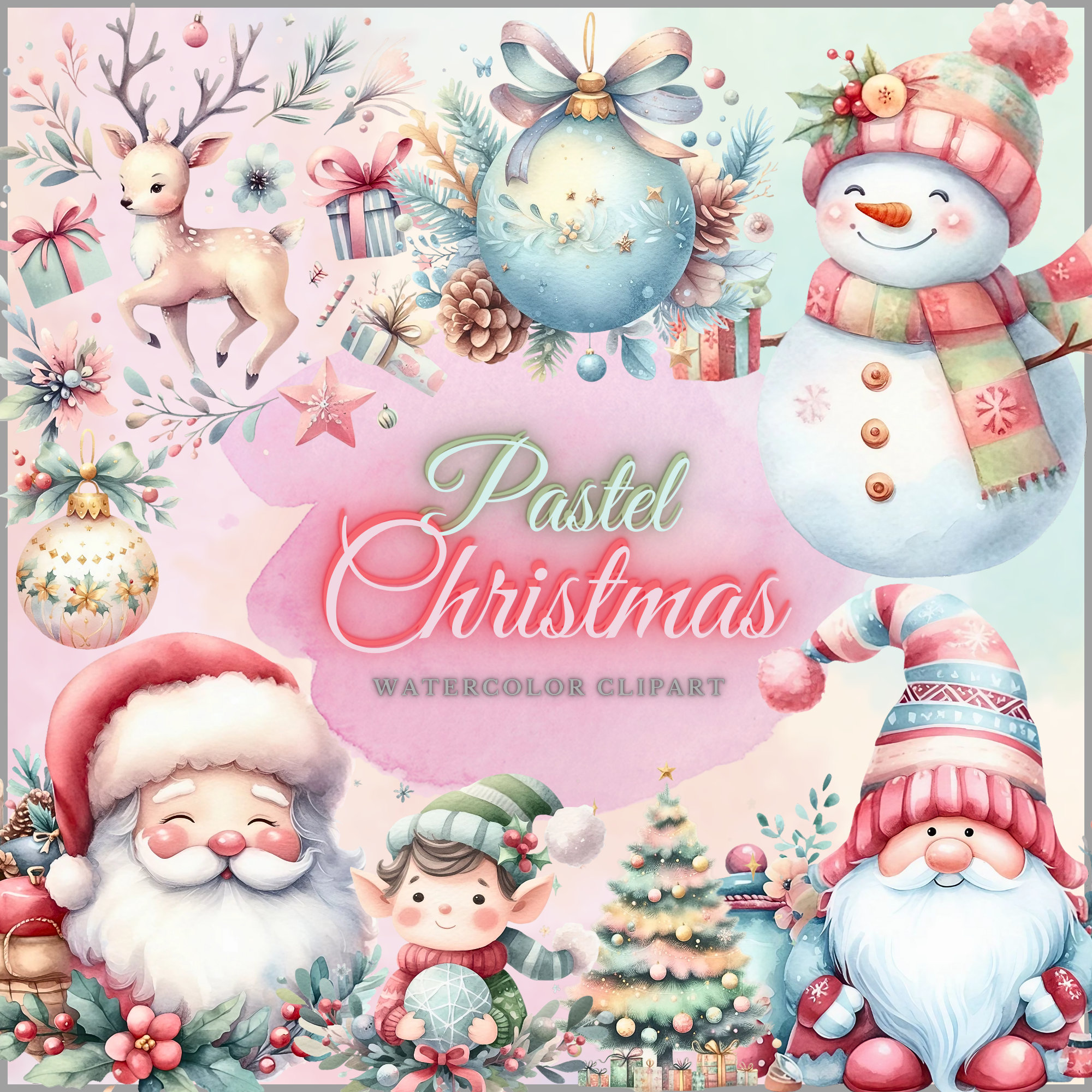 Cute Pastel Christmas Clipart Bundle PNG Watercolor Xmas Clip Art Pink ...