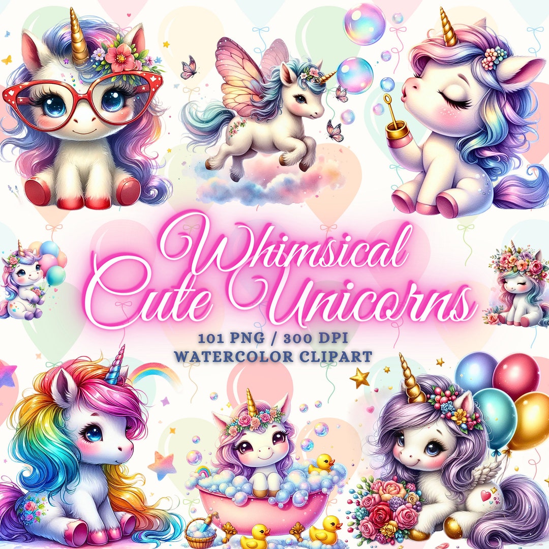 101 Watercolor Cute Unicorn Clipart Bundle Watercolor Rainbow Unicorn Clipart Baby Unicorn ...