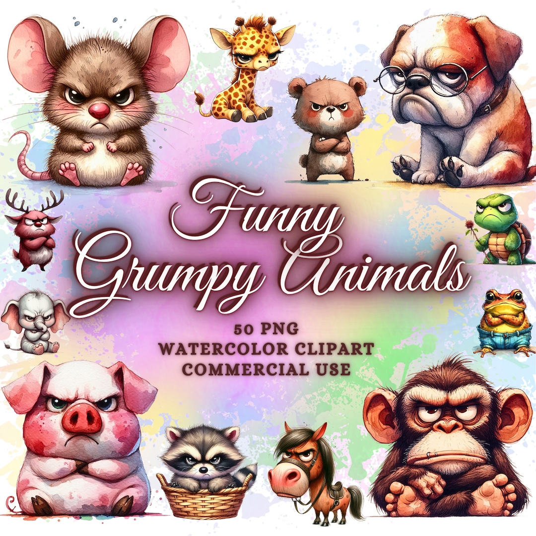 Funny Watercolor Grumpy Animals Clipart Bundle, Funny Baby Animals Png ...