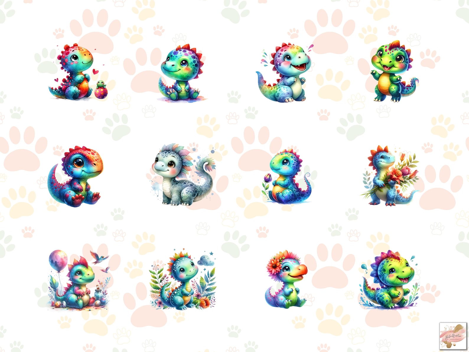 Cute Watercolor Dinosaurs Clipart Bundle, Baby Dinosaurs Clipart, Cute ...