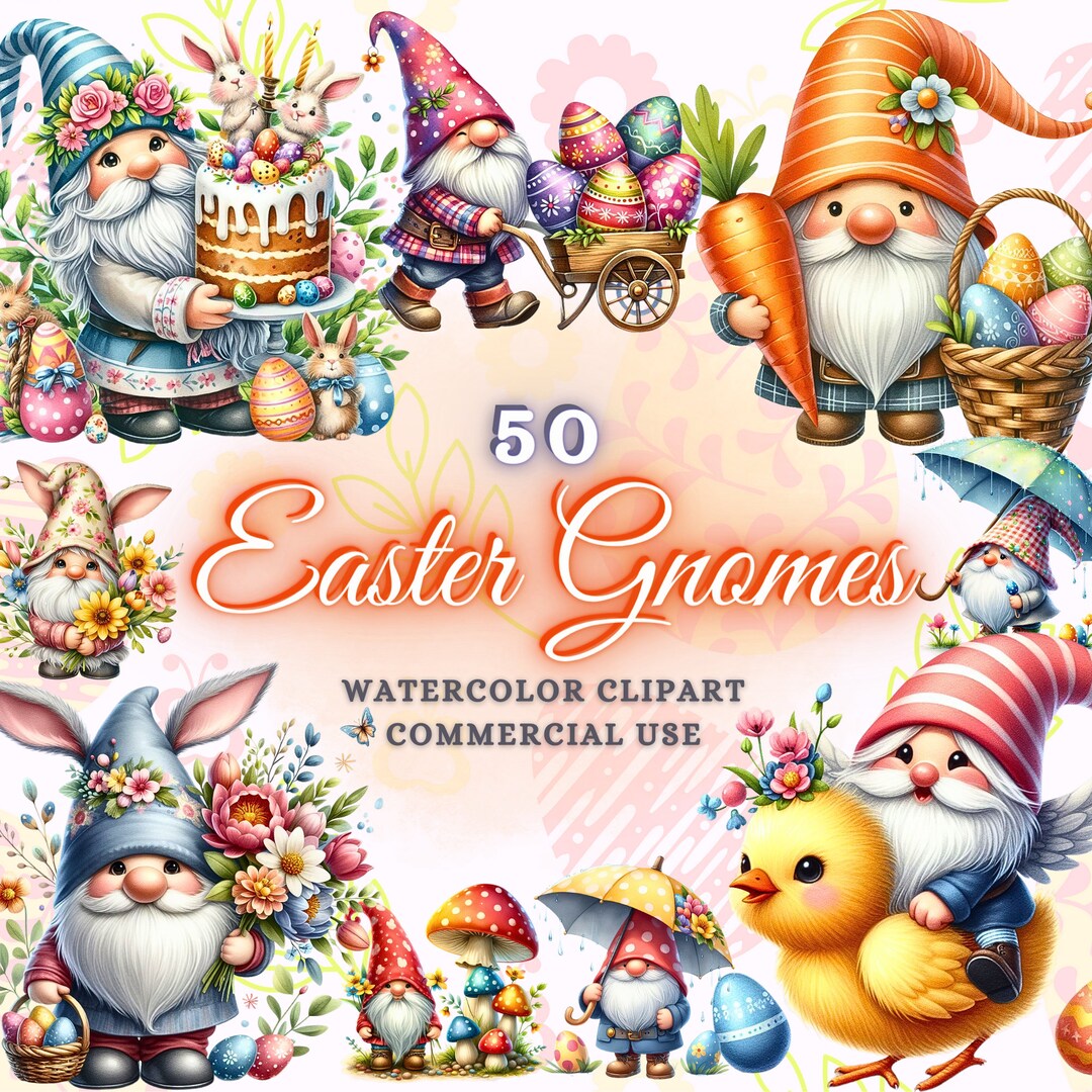 50 Watercolor Easter Gnomes Clipart Bundle, Cute Easter Clipart Bundle ...