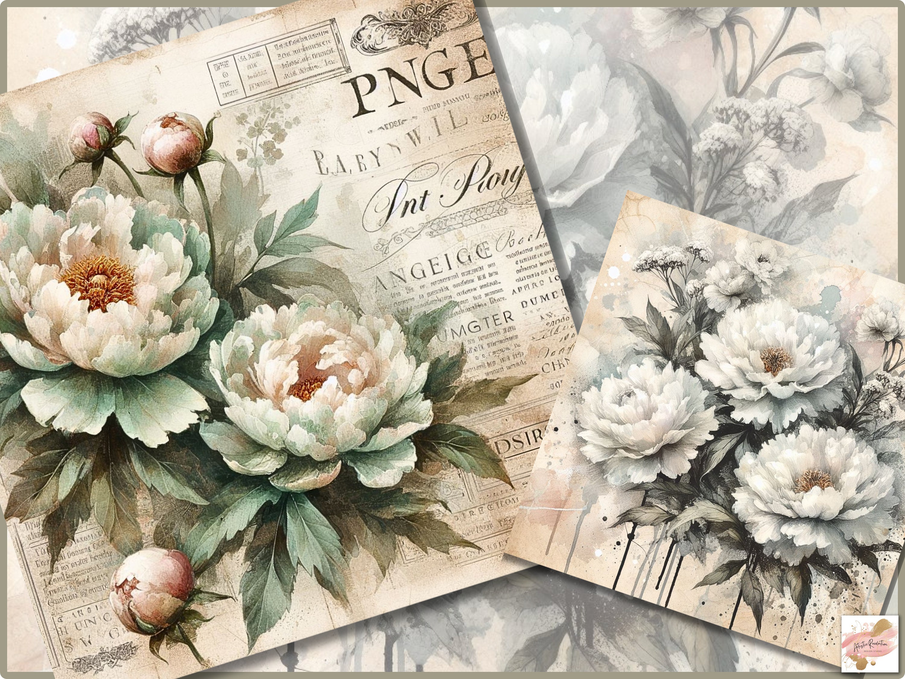 Watercolor Peonies Papers, Vintage Peonies Digital Papers Peony Journal ...