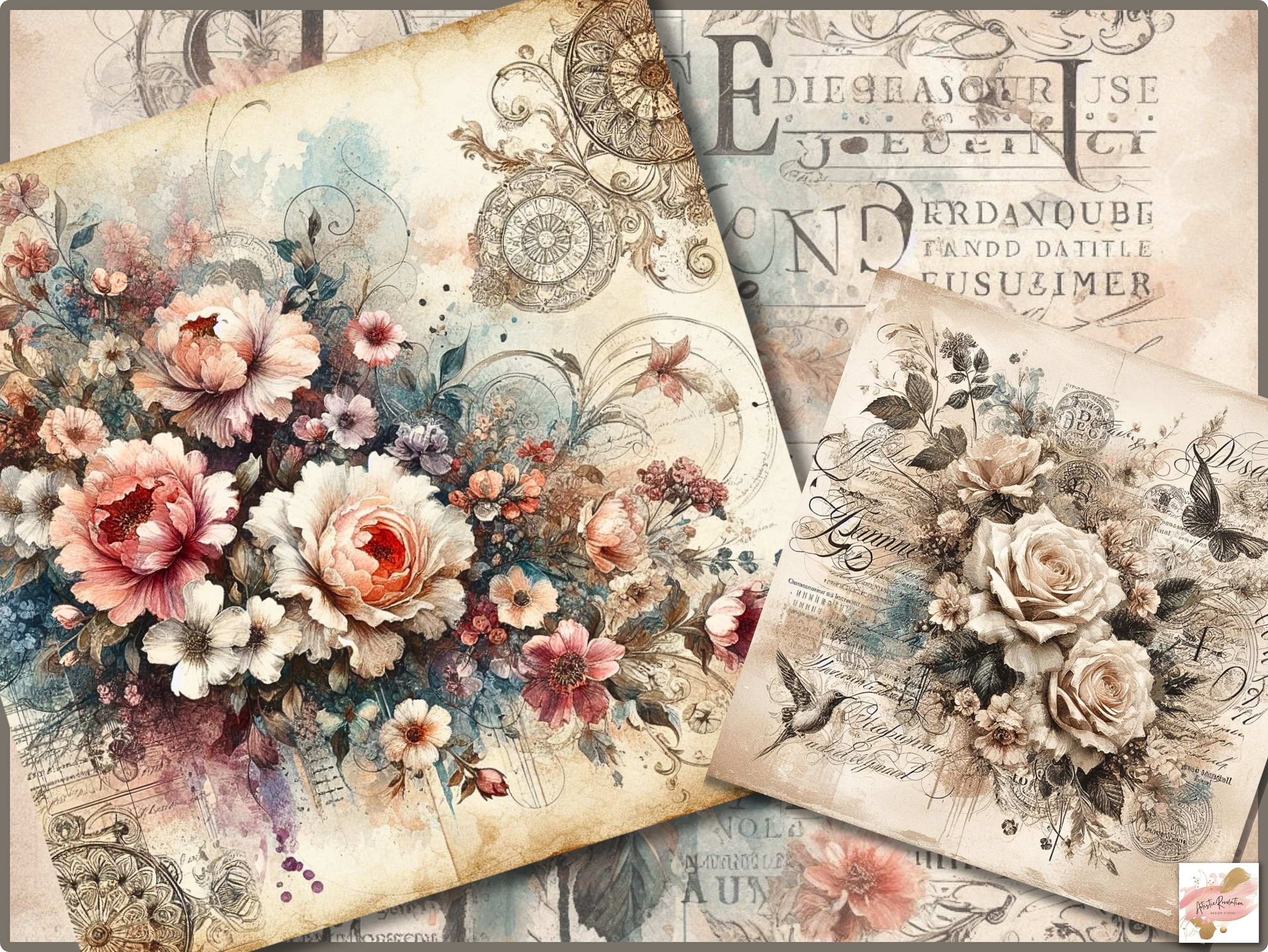 Vintage Floral Junk Journal Papers, Printable Shabby Pages Floral Junk ...