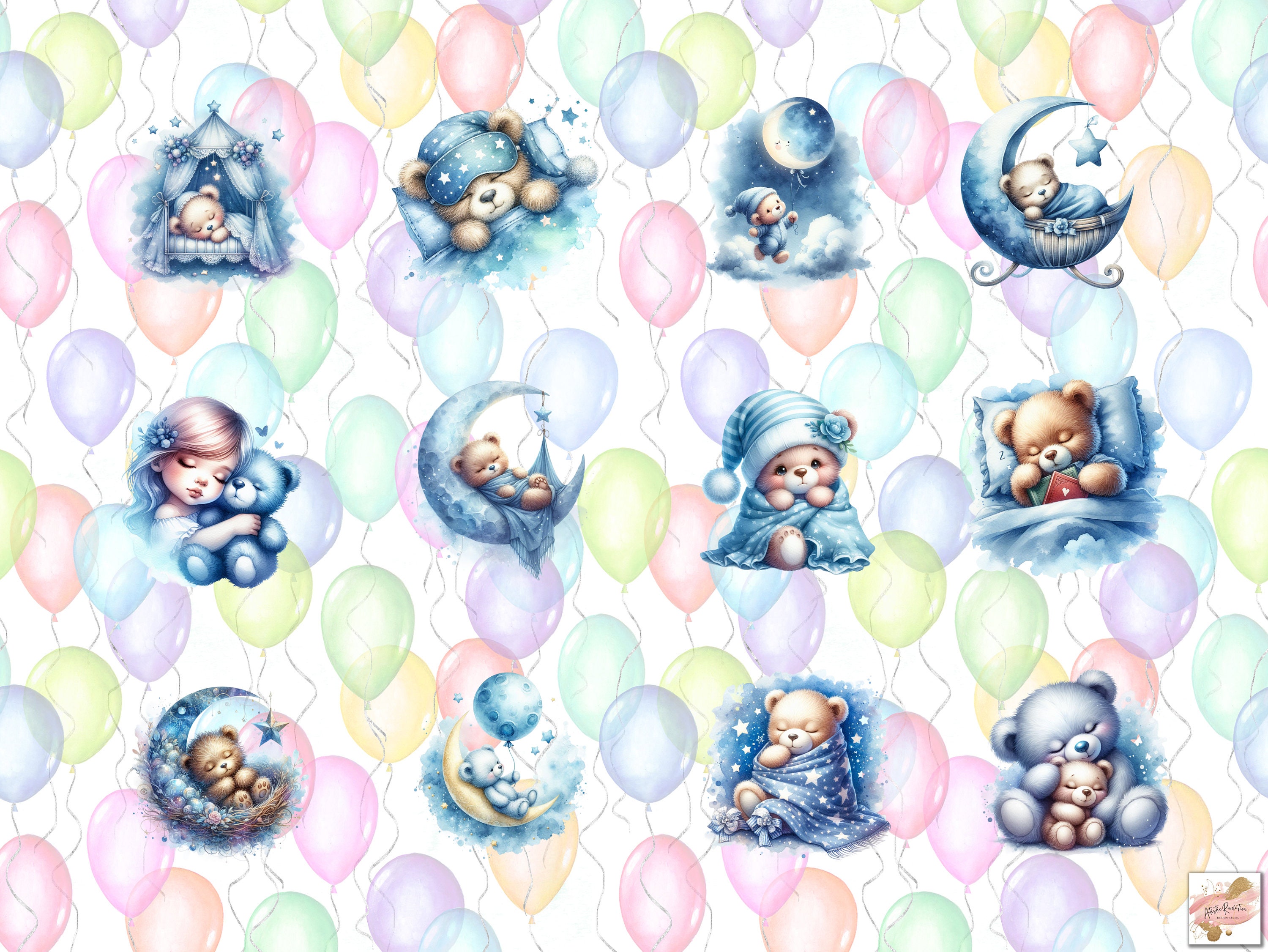 66 Cute Watercolor Teddy Bear Clipart Bundle, Sleeping Teddy Bears ...