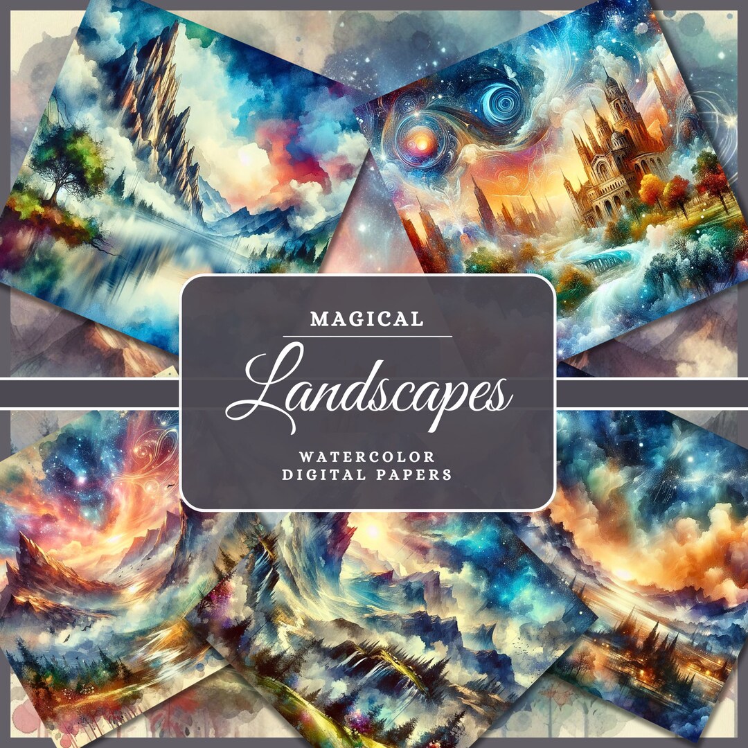 75 Watercolor Magical Landscapes Digital Papers Bundle, Watercolor ...