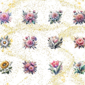 60 Watercolor Glitter Flowers Clipart Bundle, Glitter Flower Png Set ...