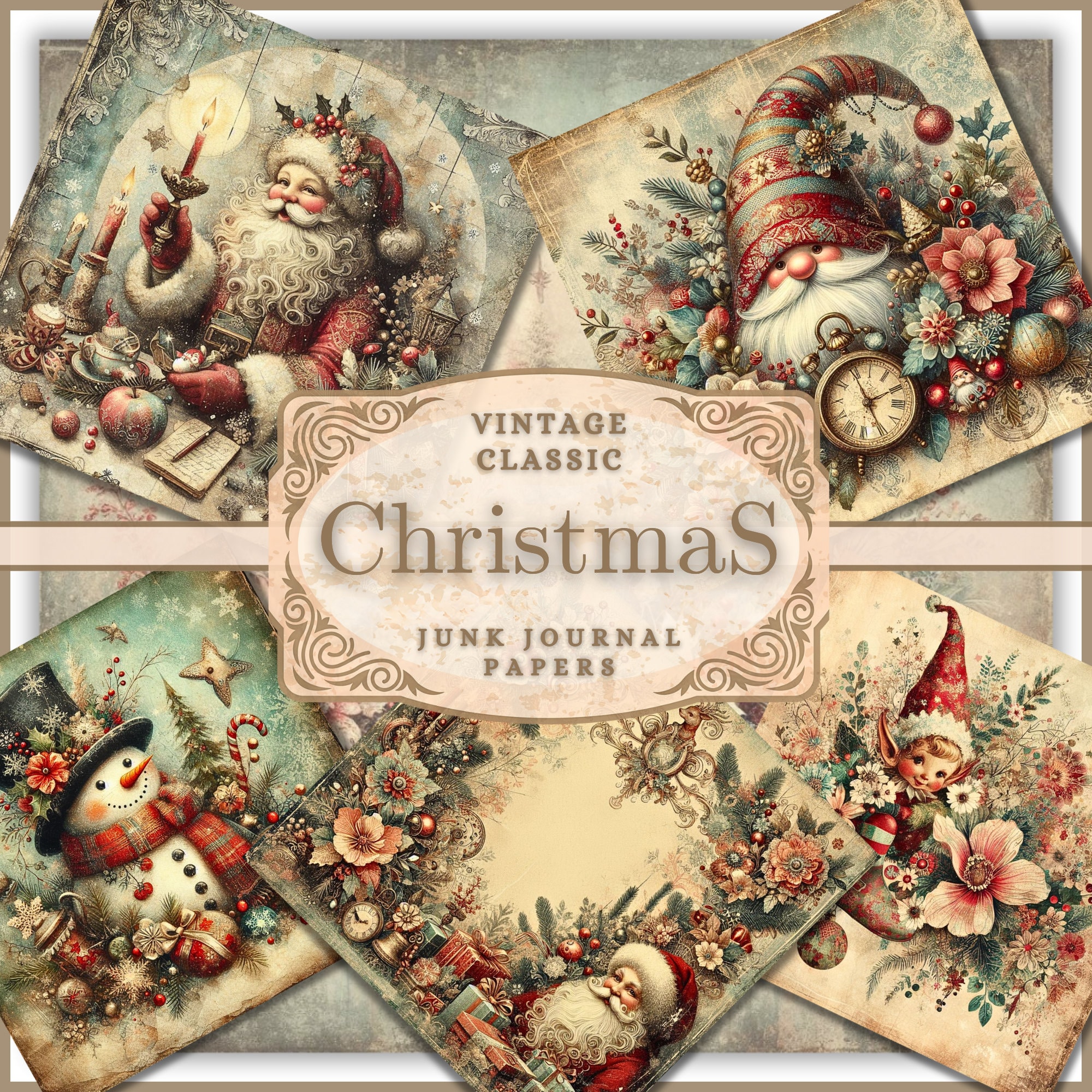 Classic Vintage Christmas Junk Journal Kit Printable Journal Pages, Mixed Media Digital Papers ...