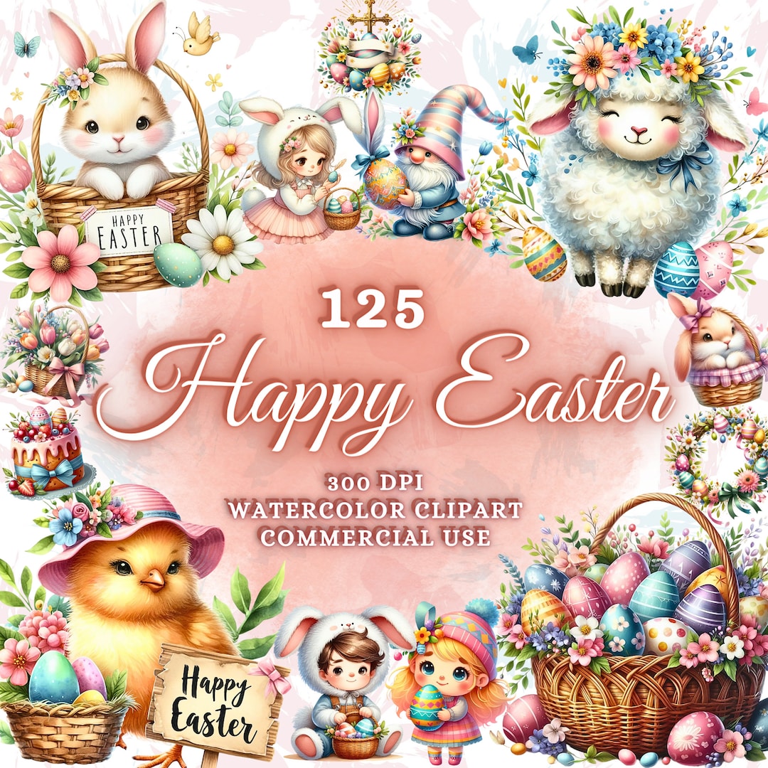 125 Watercolor Easter Clipart Bundle Easter Clipart Bunnies, Egg Easter ...