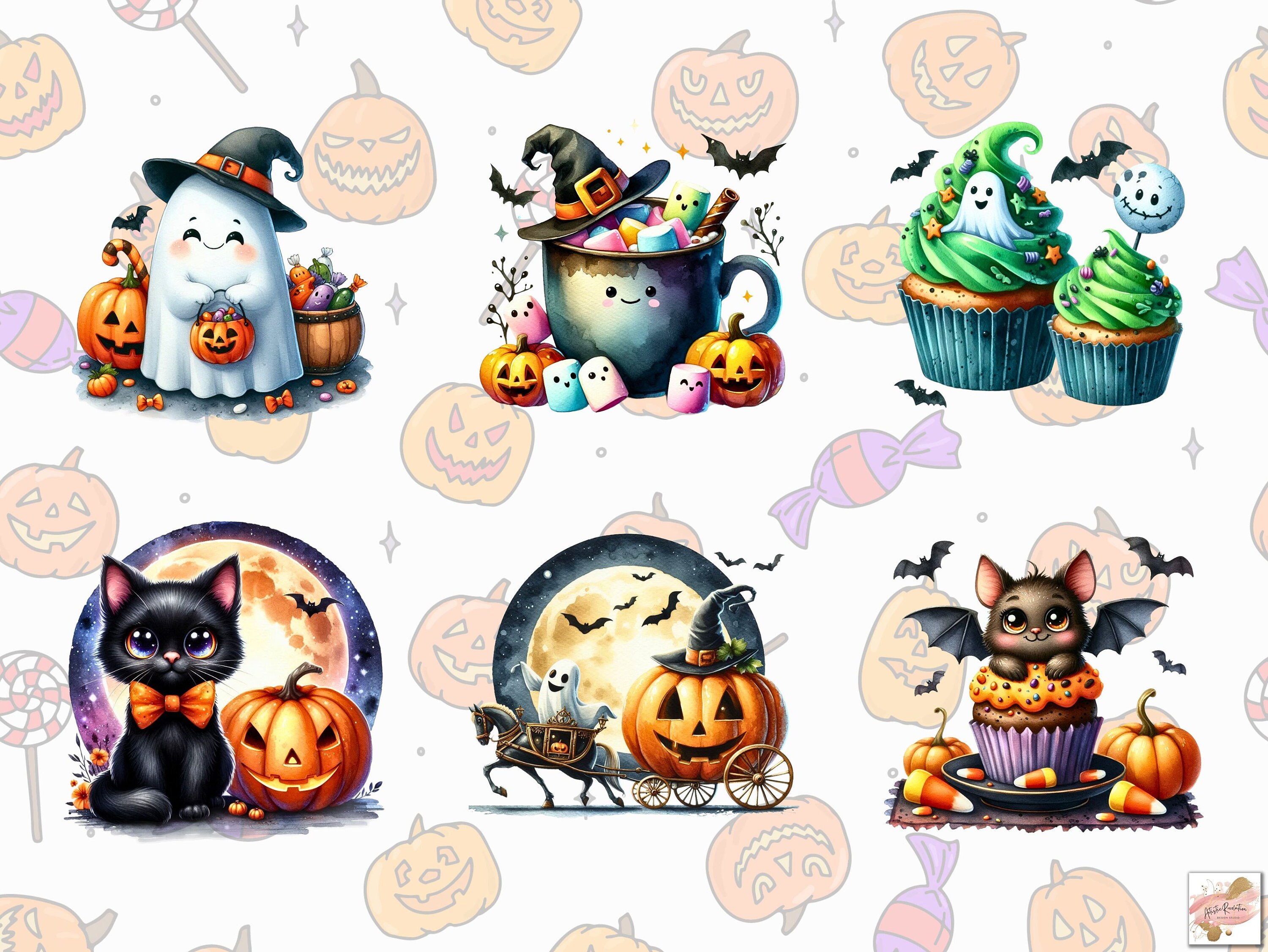 65 Watercolor Cute Halloween Clipart Bundle, Halloween PNG Bundle, Jack ...