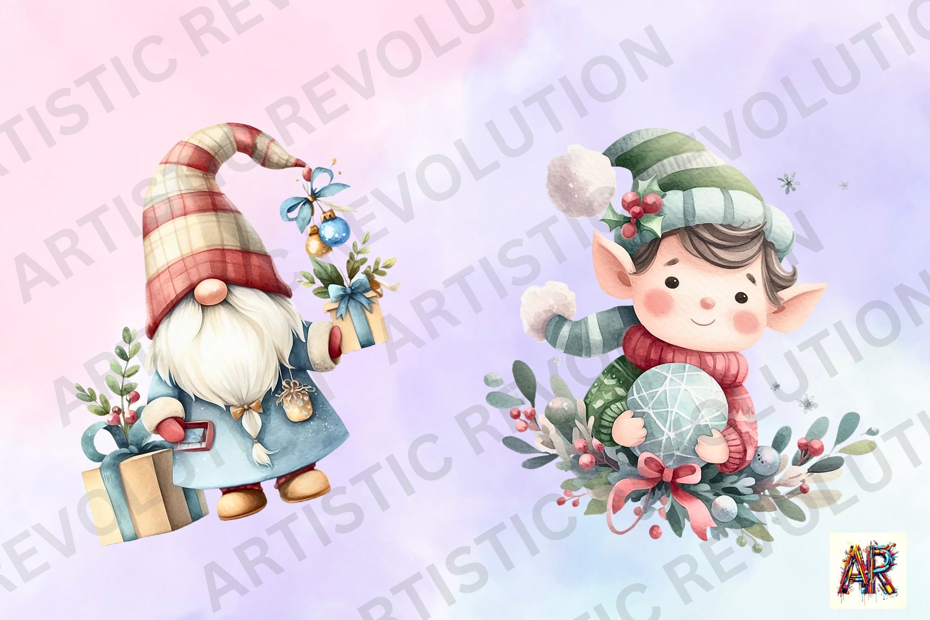 Cute Pastel Christmas Clipart Bundle PNG Watercolor Xmas Clip Art Pink ...