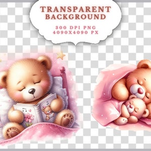 54 Watercolor Cute Teddy Bear Clipart Bundle, Sleeping Teddy Bears ...