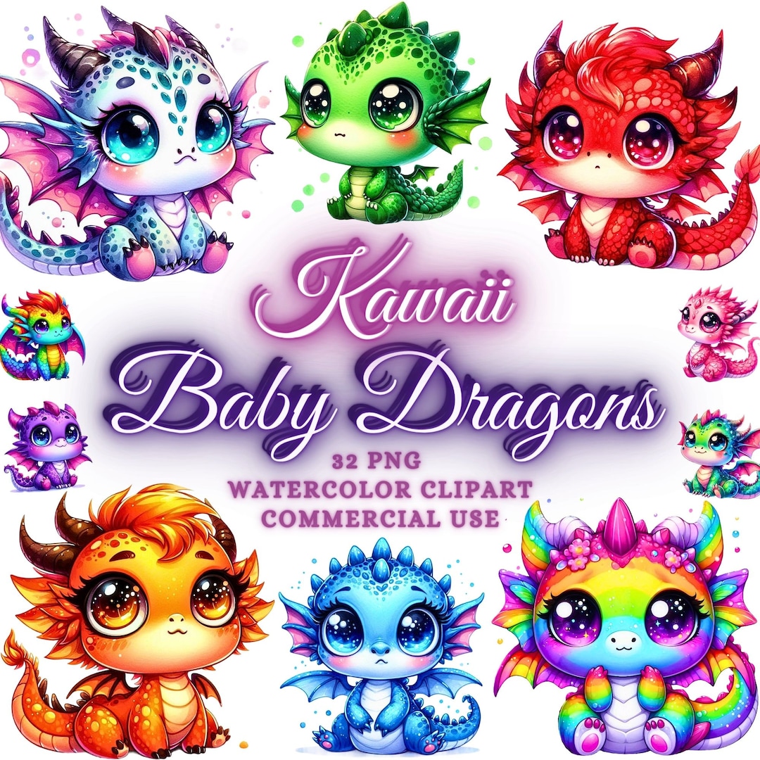 Watercolor Baby Dragons Clipart Bundle, Cute Baby Dragon Png, Kawaii ...
