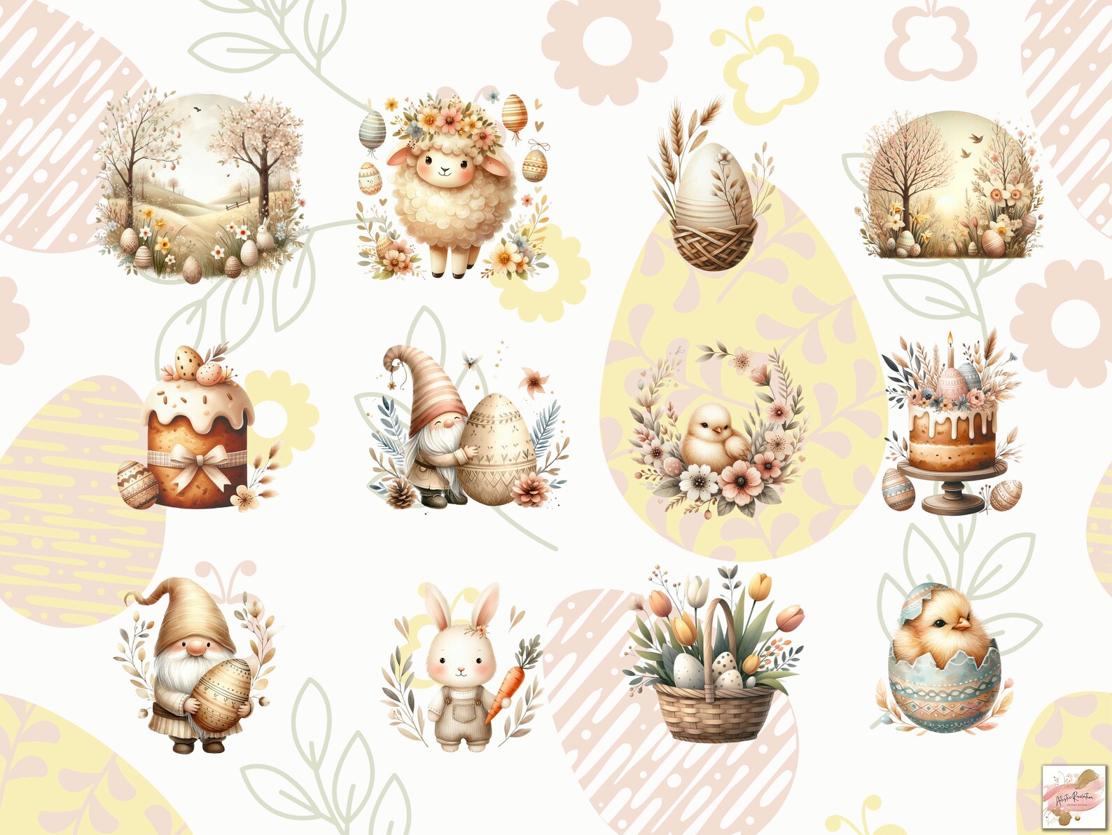 Boho Watercolor Easter Clipart Bundle, Easter Bunny, Easter Egg, Easter ...