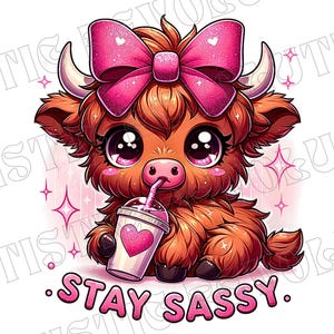 Stay Sassy Highland Cow PNG, Cute Baby Cow Clipart, Coquette Cow ...