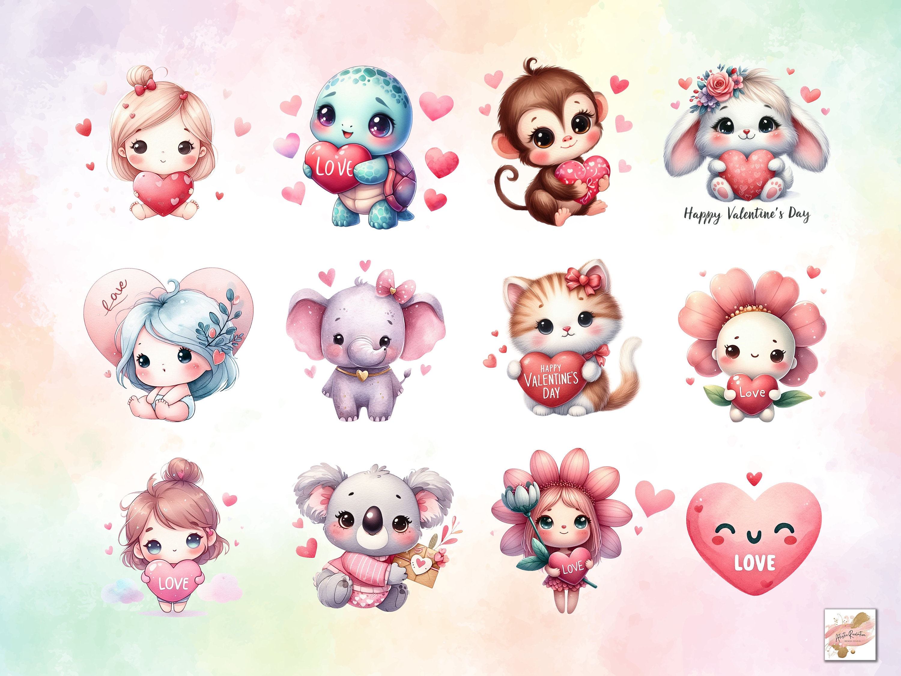 Cute Funny Watercolor Valentine Clipart Bundle Cute Valentine Heart ...