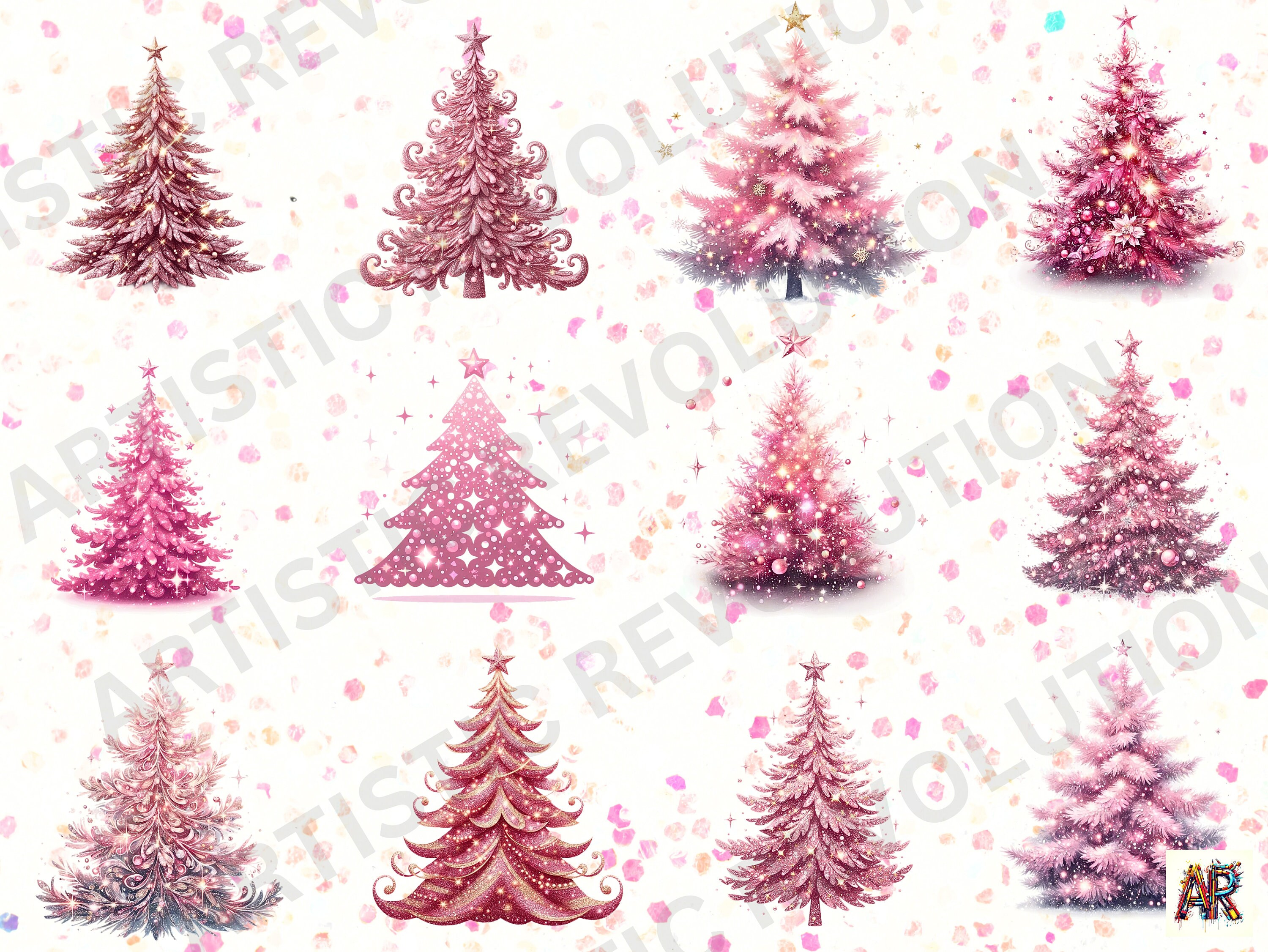 Pink Christmas Tree Clip Art Watercolor Christmas Trees Clipart Painted ...