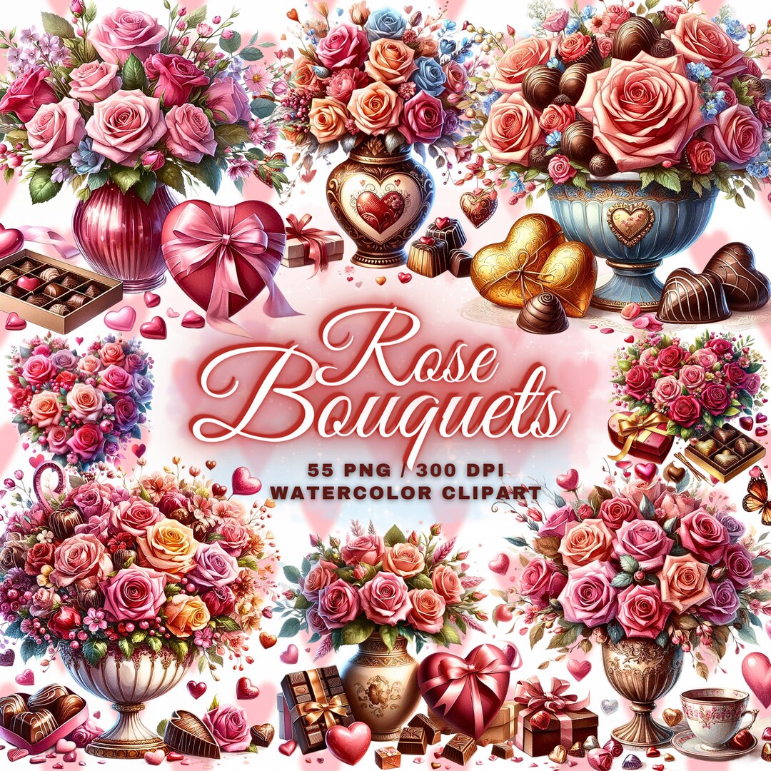 55 Valentine Rose Bouquets Clipart Bundle, Rose PNG Bundle, Floral Rose ...