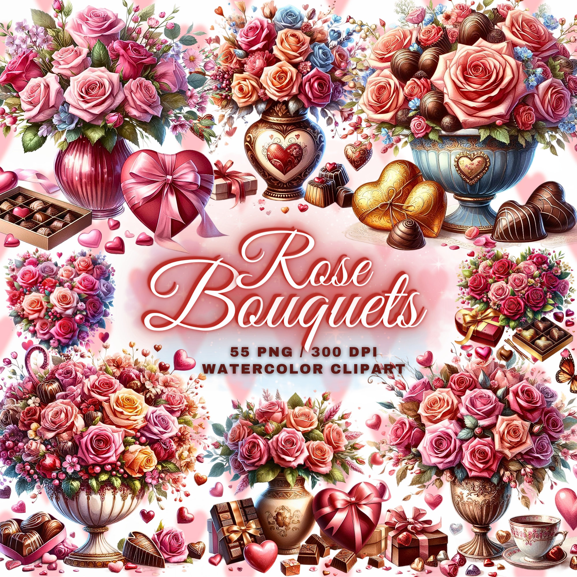 55 Valentine Rose Bouquets Clipart Bundle, Rose PNG Bundle, Floral Rose ...