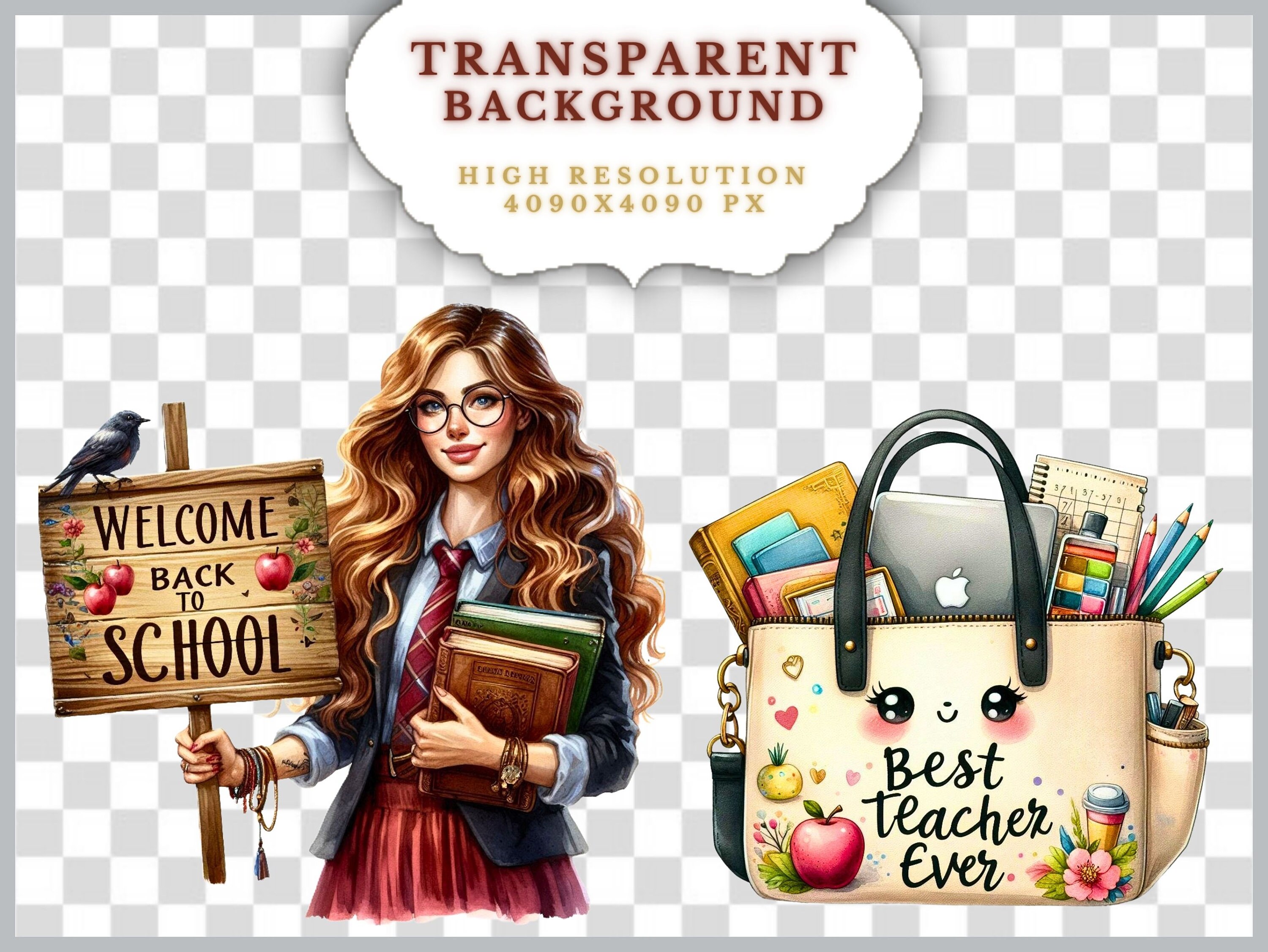 Watercolor Back to School PNG Bundle, Back to School Clipart Bundle ...