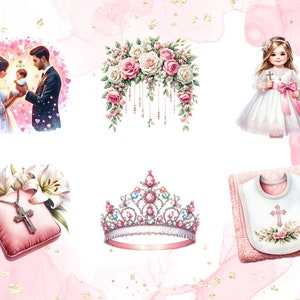 45 Watercolor Baby Girl Baptism Clipart Bundle, Girl Christening PNG ...