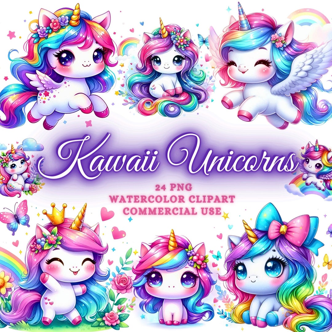 Watercolor Cute Kawaii Unicorn Clipart Bundle Watercolor Rainbow ...
