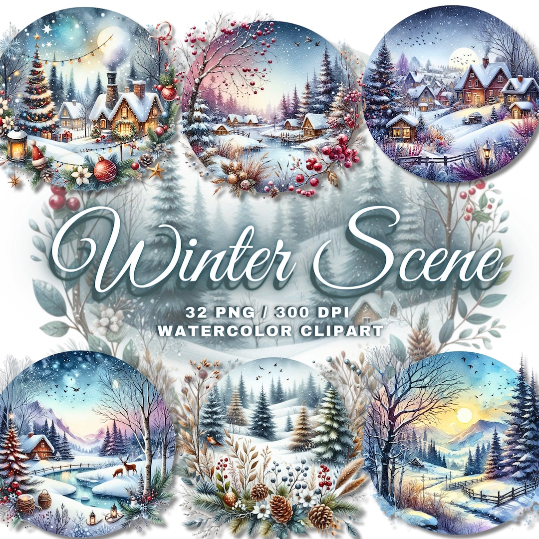 Round Watercolor Winter Scene Clipart Bundle, 32 Winter Scene PNG ...