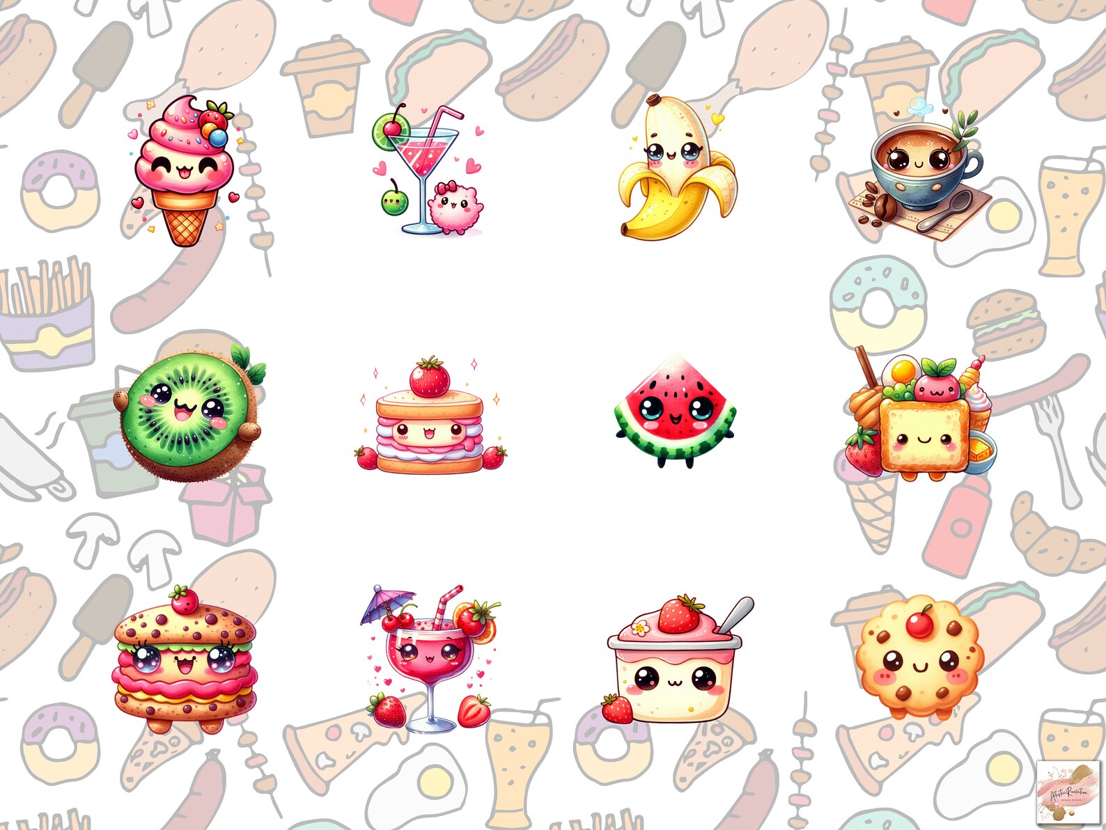 120 Cute Kawaii Food Clipart Bundle, Watercolor Food Clipart, Food Png ...