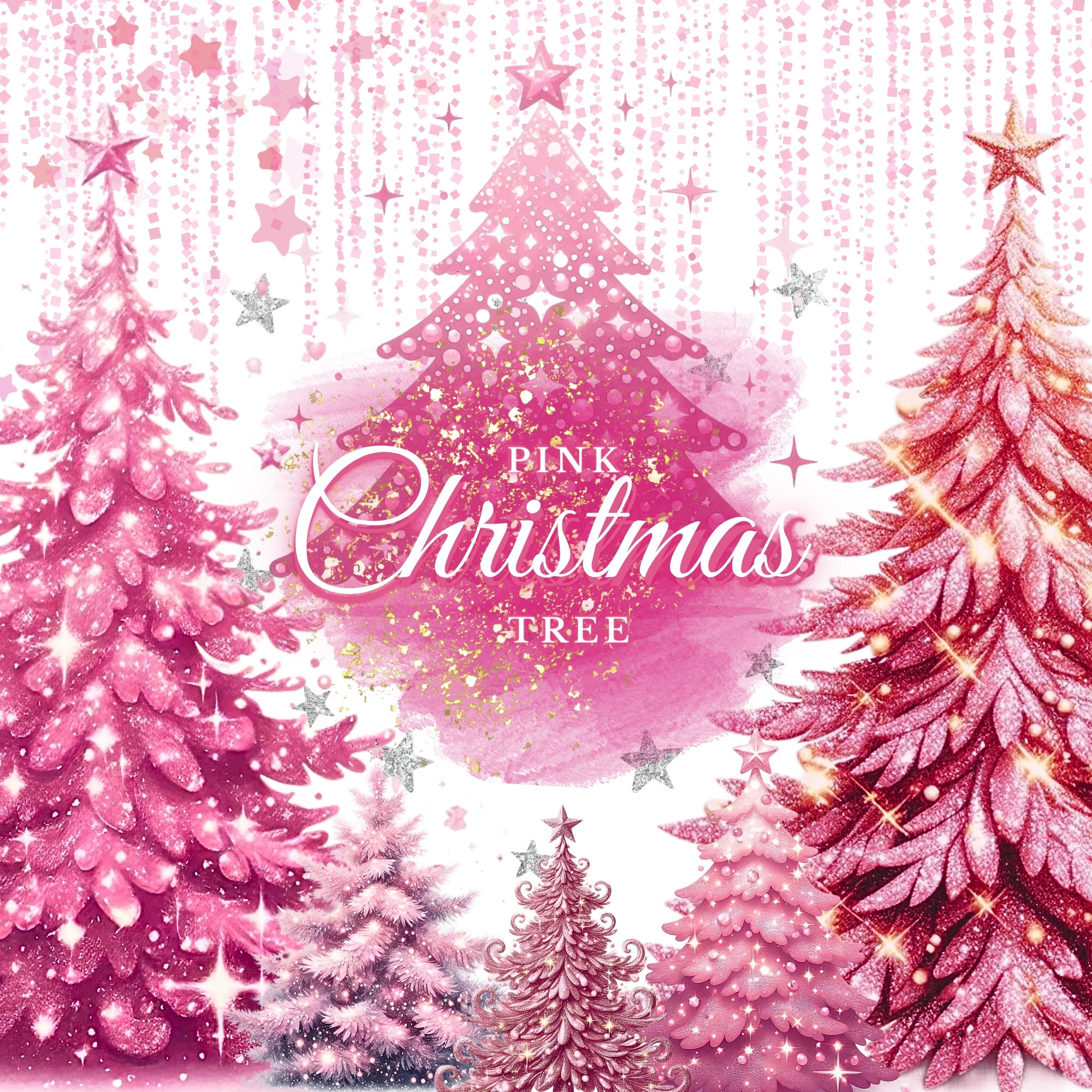 Pink Christmas Tree Clip Art Watercolor Christmas Trees Clipart Painted ...
