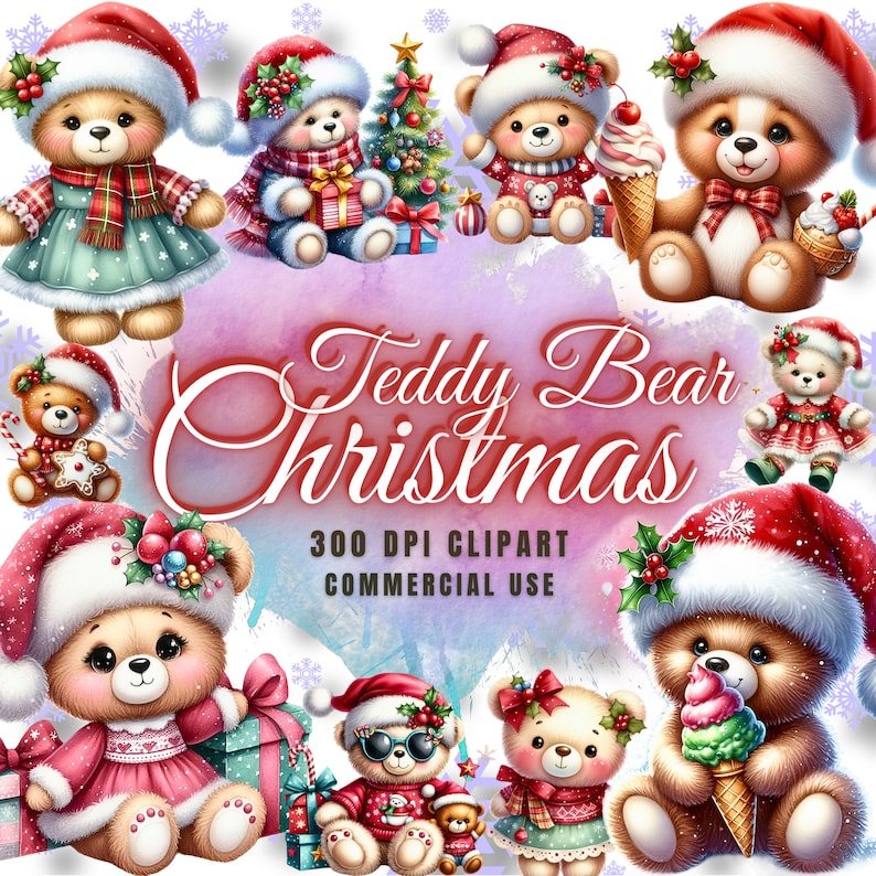 Cute Christmas Teddy Bear Clipart Bundle, Cute Teddy Bear PNG, Holiday ...