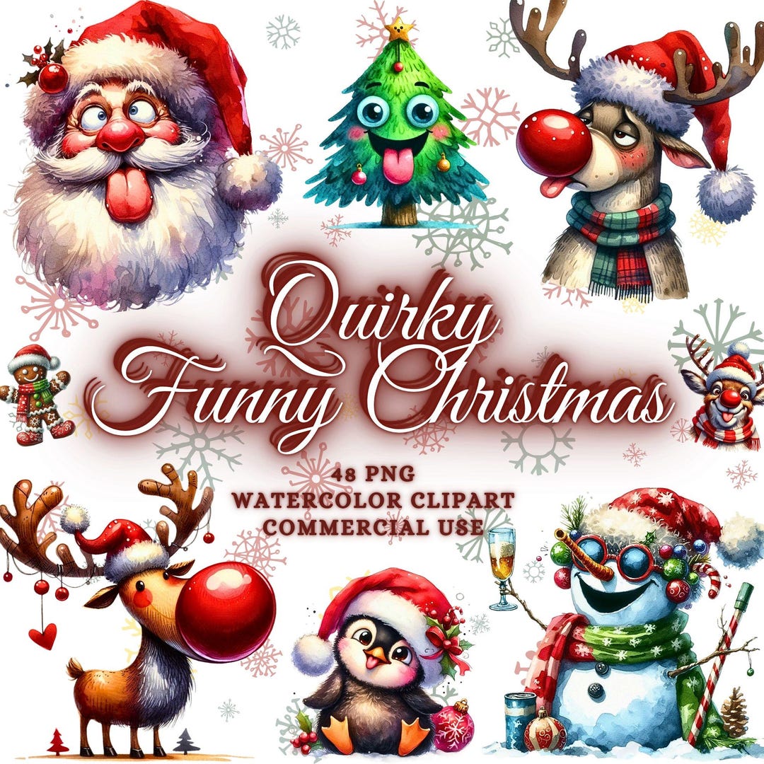Funny and Quirky Christmas Clipart Bundle, Watercolor Christmas Png ...