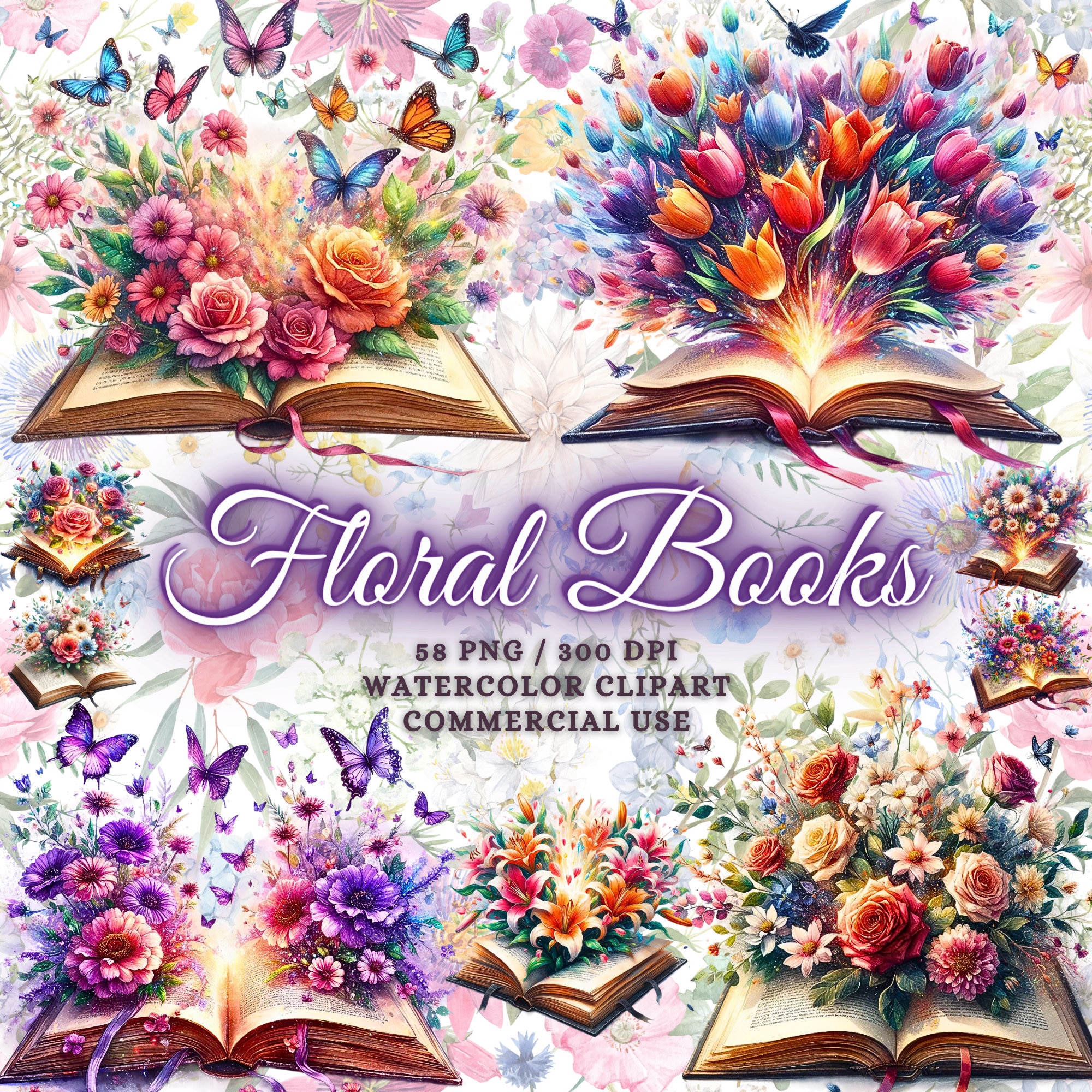 58 Watercolor Floral Books Clipart Bundle, Fantasy Books Clipart Png ...