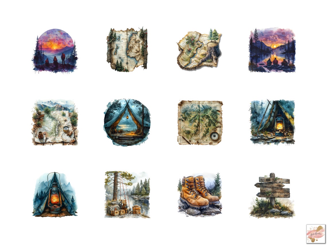 Watercolor Camping Clipart Bundle, Vacation Holiday Graphics, Mountain ...