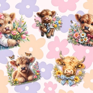 Watercolor Spring Highland Cows Clipart Bundle, Spring Flowers Clipart ...