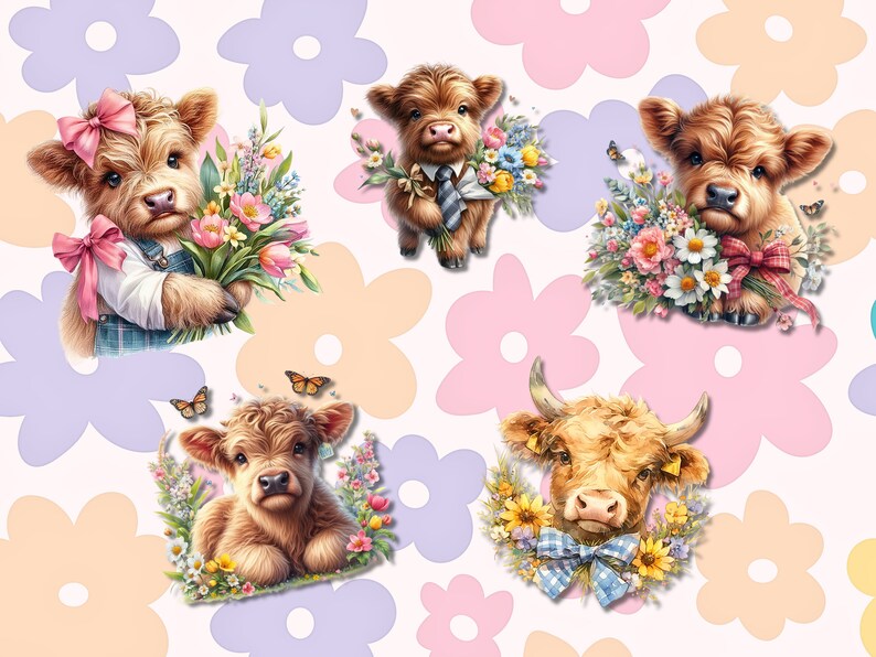 Watercolor Spring Highland Cows Clipart Bundle, Spring Flowers Clipart ...